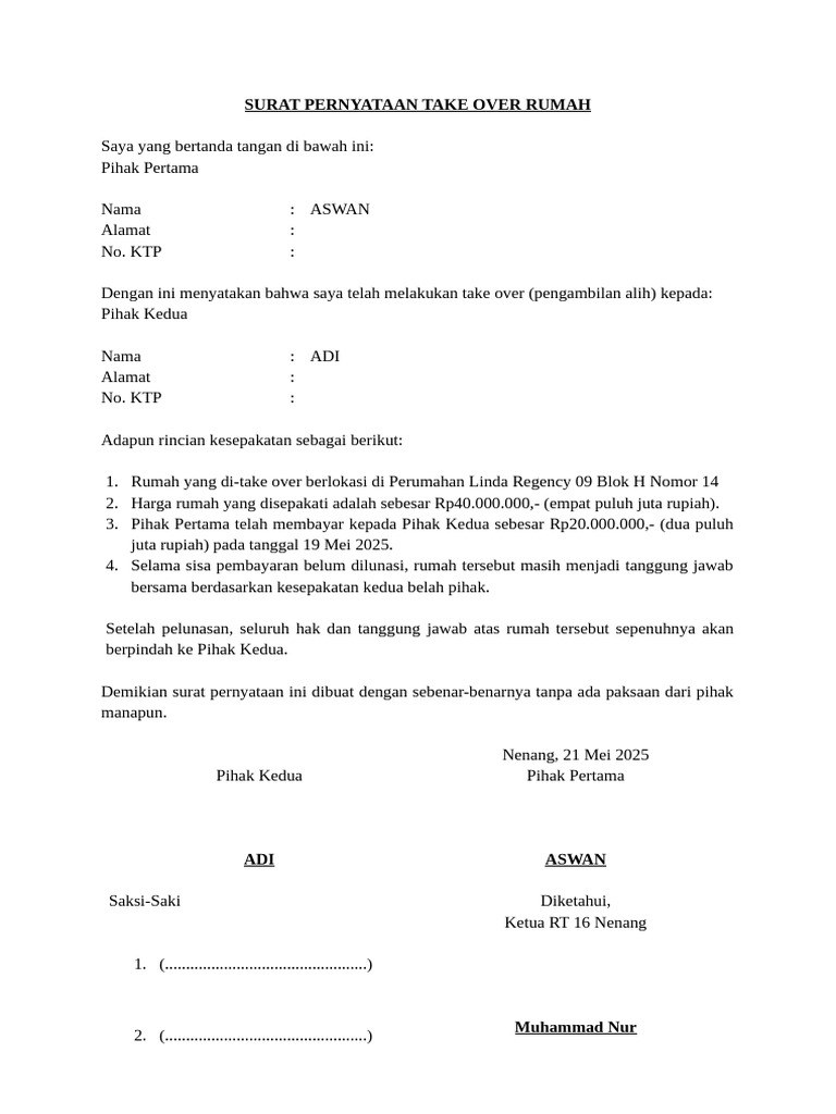 Surat Pernyataan Take Over Rumah | PDF