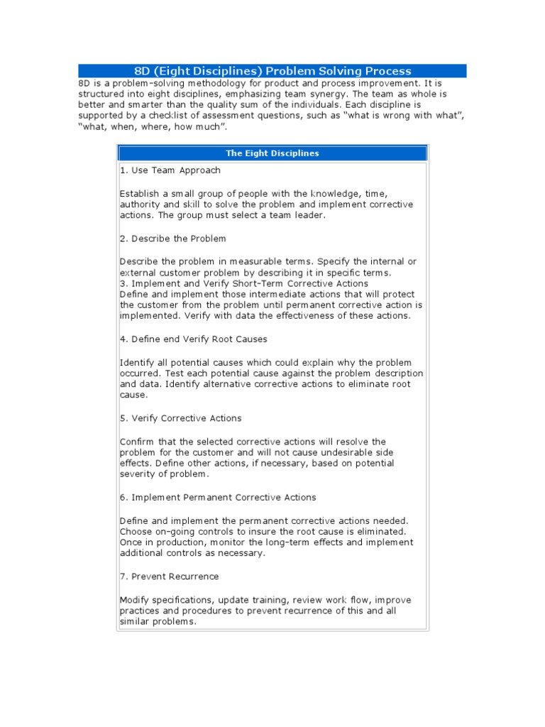 8D (Eight Disciplines) Problem Solving Process | PDF | Business