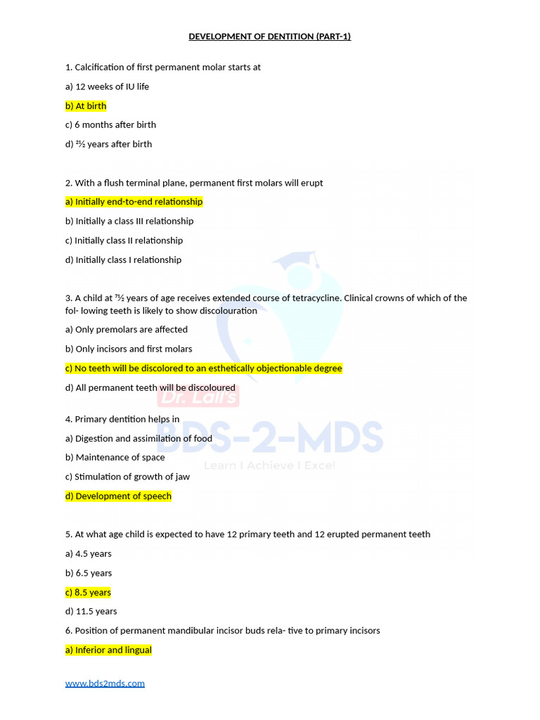 Development of Dentition Part 1 With Answer | PDF | Human Tooth | Tooth