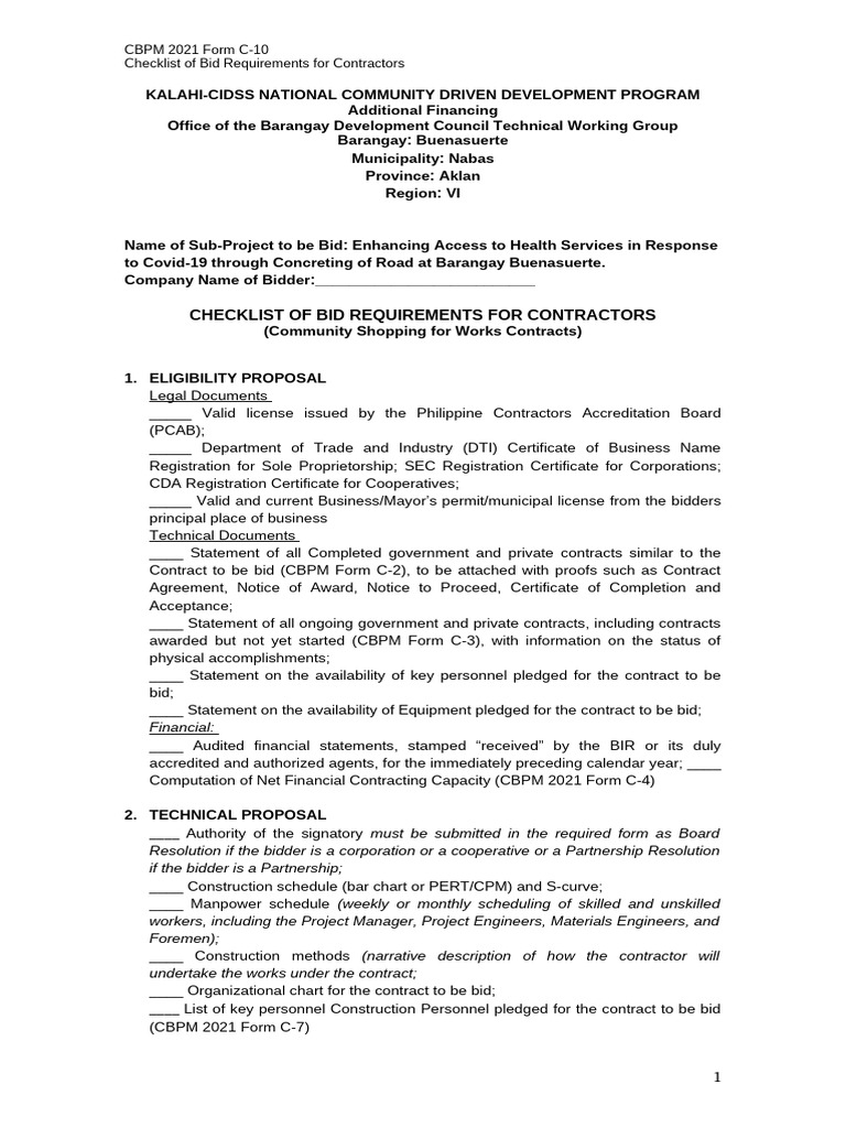 Buenasuerte CBPM 2021 Form C-10 - Checklist of Bid Requirements | PDF ...