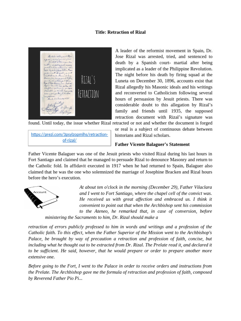 Lesson 3 Retraction of Rizal | PDF