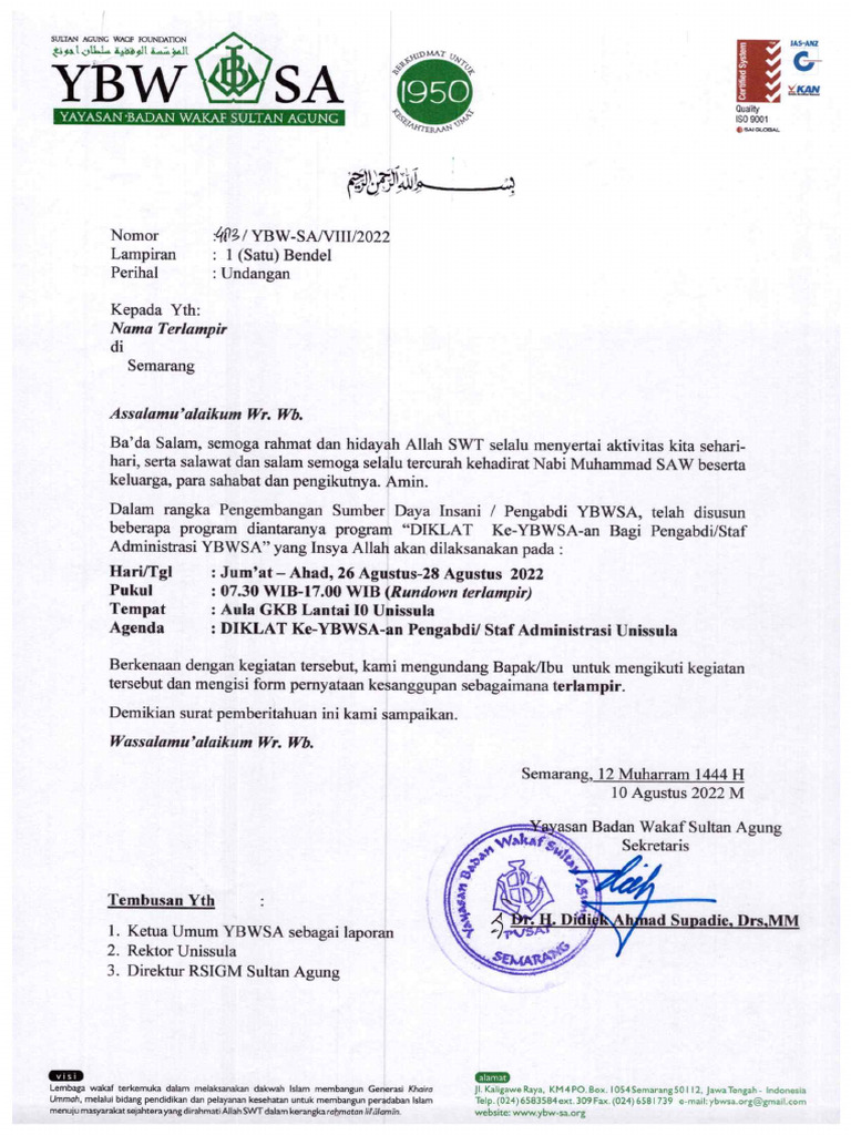 Surat Rektor Unissula20220811 | PDF