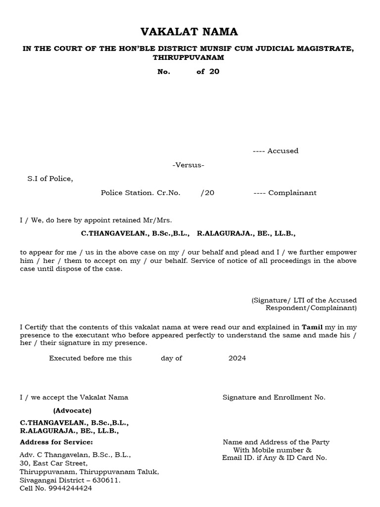 Vakalat Nama for Court Representation | PDF