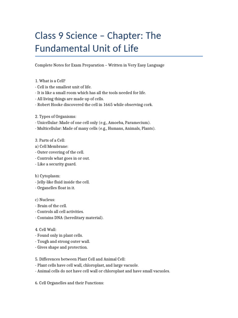 Fundamental Unit of Life FULL NOTES FOR EXAM | PDF | Cell (Biology ...