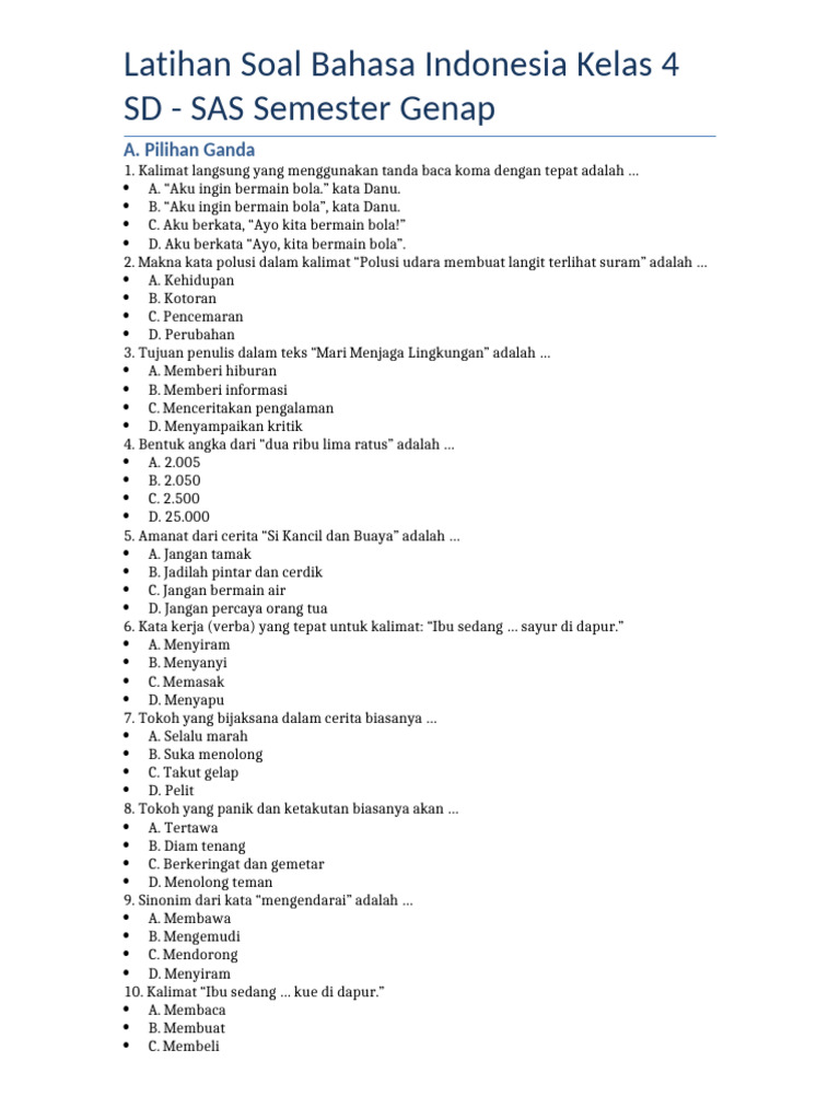 Latihan Soal Bahasa Indonesia Kelas 4 SAS Lengkap | PDF