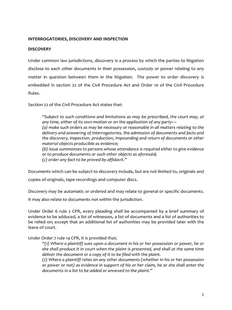 Interrogatories - Disc Overy and Inspection 2020 | PDF | Discovery (Law ...