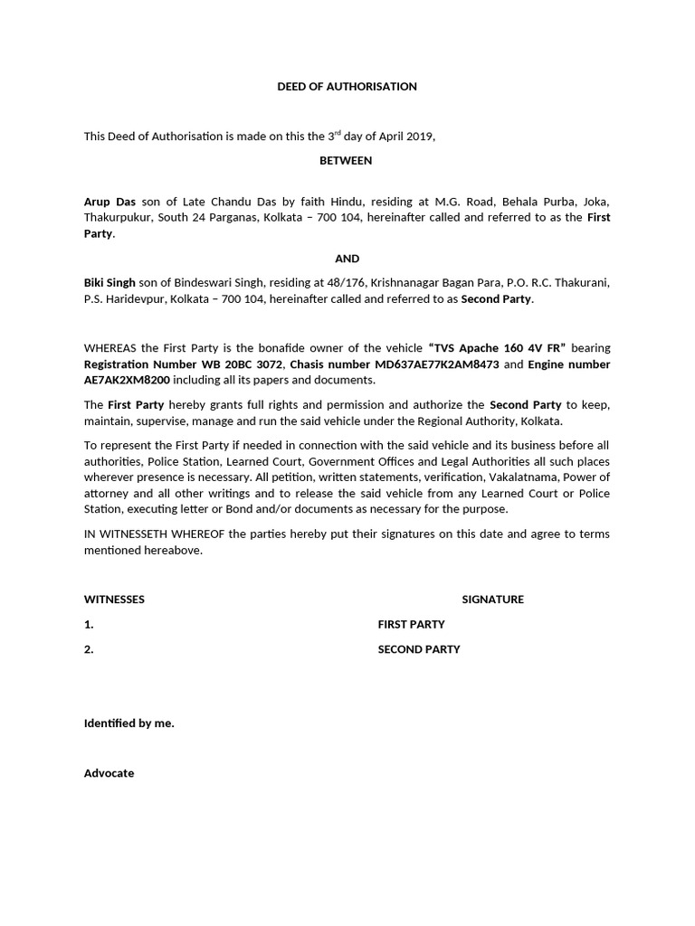 Motorcycle Deed of Authorisation | PDF