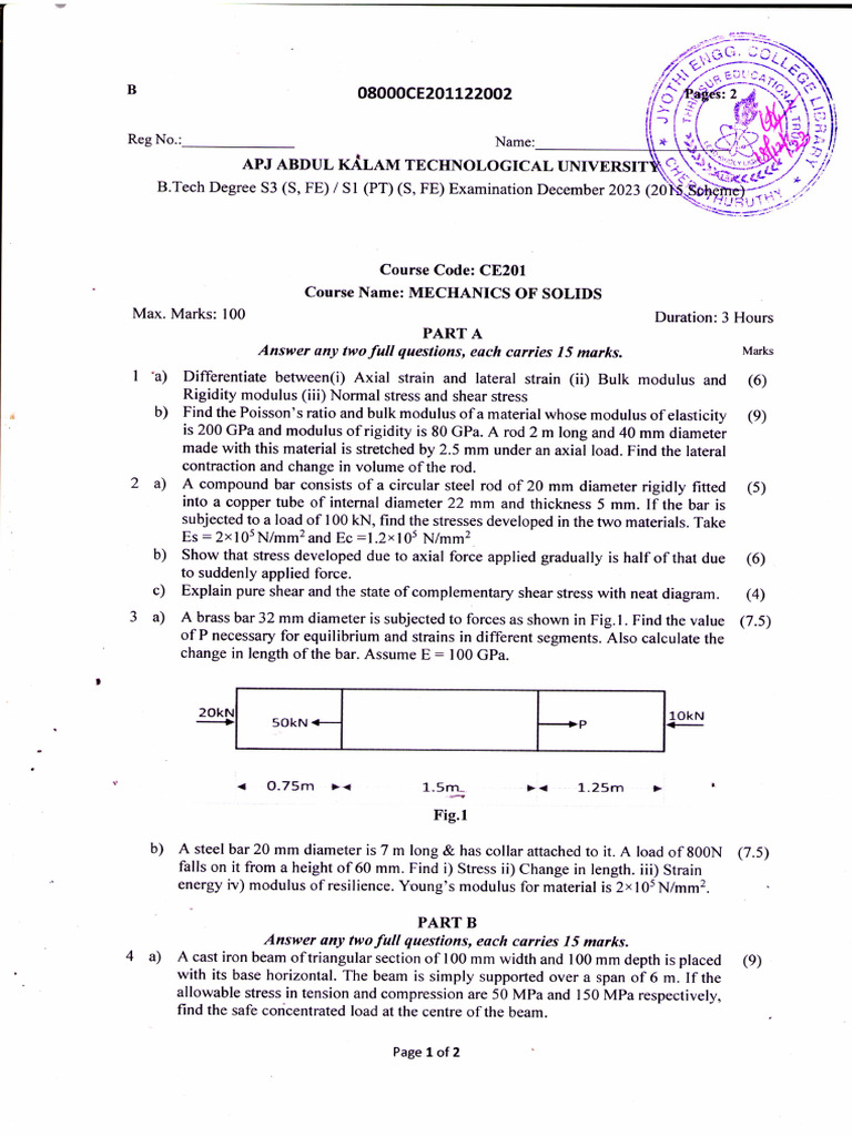 Ce201 Mechanics of Solids, December 2023 | PDF | Young's Modulus | Stress (Mechanics)