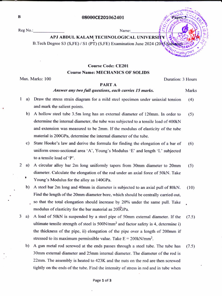Ce201 Mechanics of Solids May 2024 | PDF | Bending | Young's Modulus