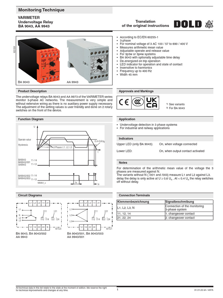 BA9043 - Under Voltage Relay | PDF | Alternating Current | Relay