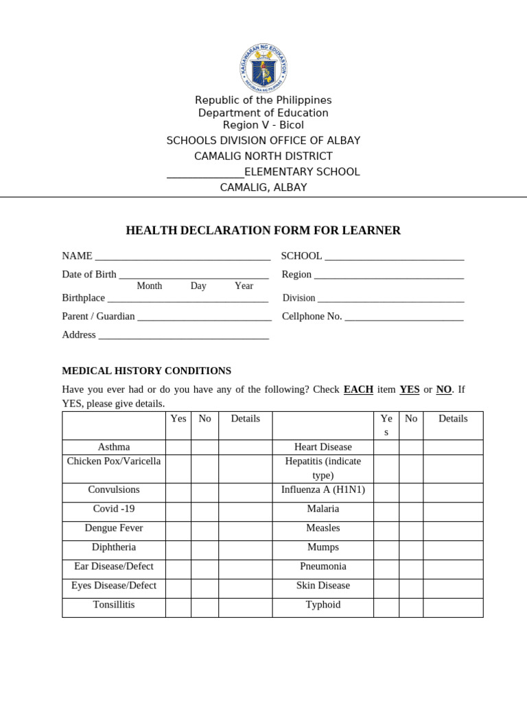 Health Declaration Form For Learner | PDF | Immunology | Medical ...