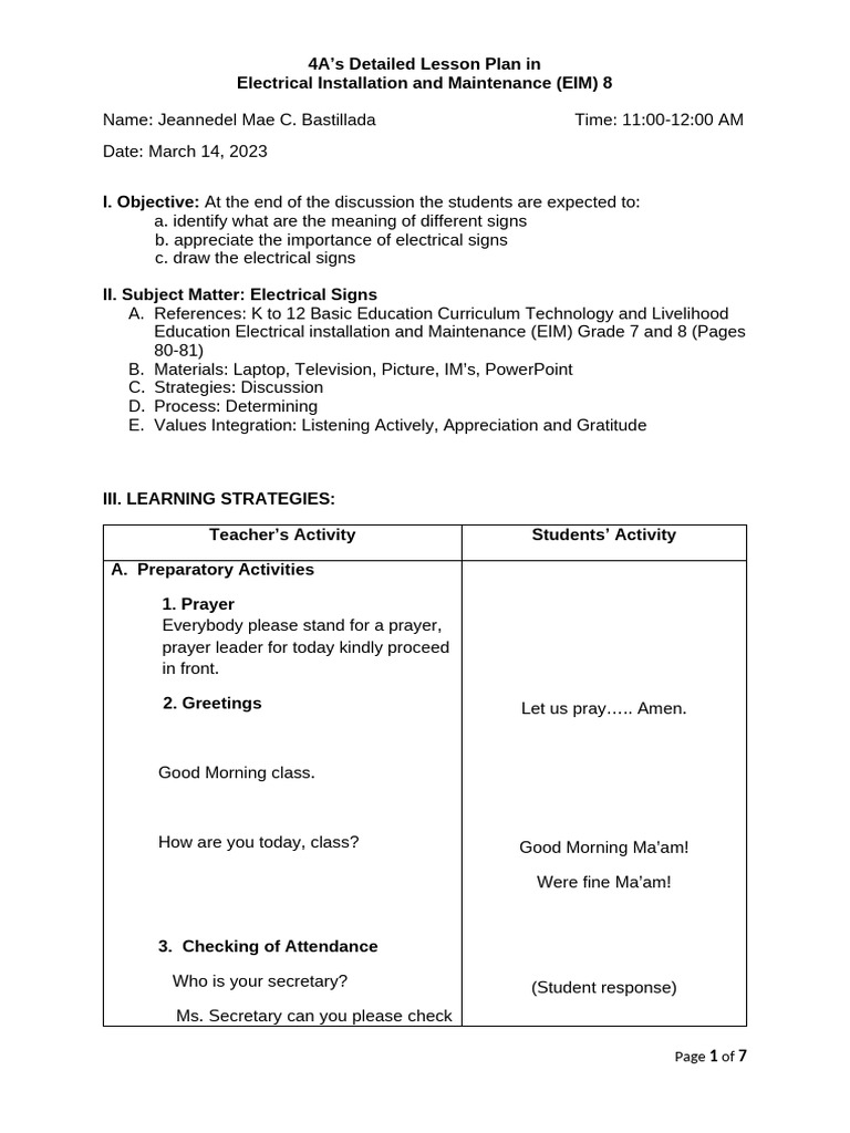 Lesson Plan Grade 7 & 8 Electrical Signs. | PDF | Learning | Human ...