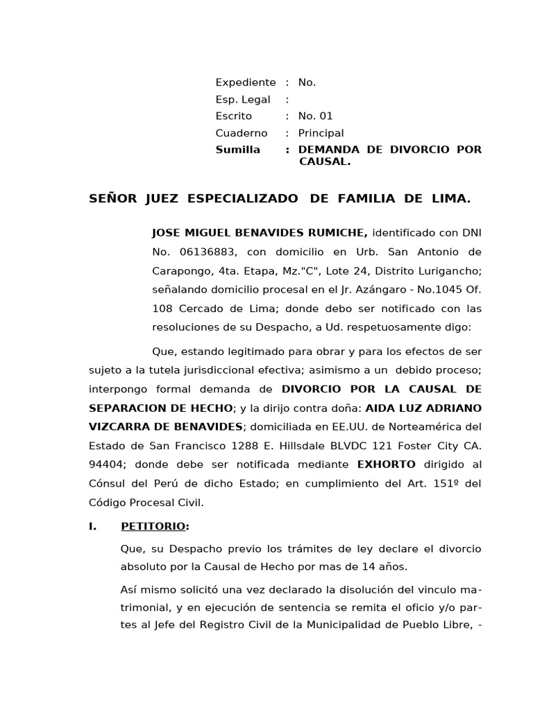 Demanda de Divorcio Por DR | PDF | Demanda judicial | Divorcio