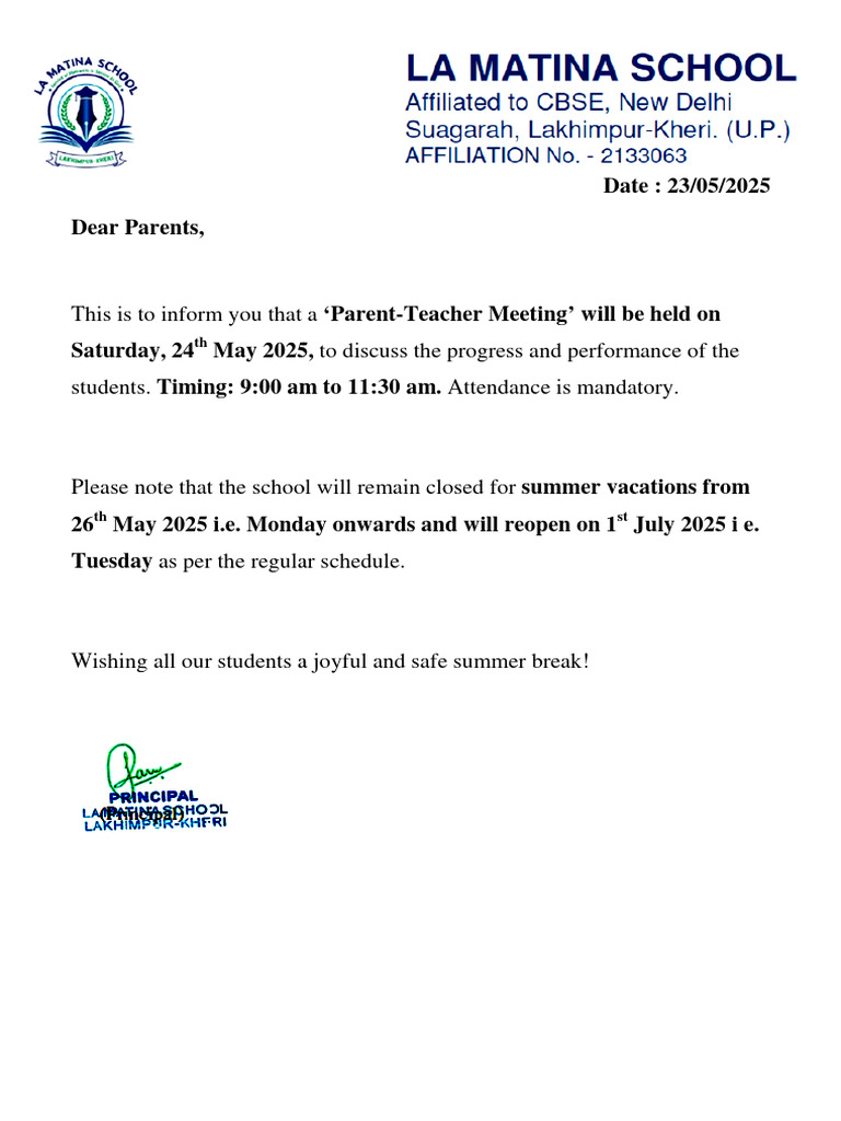 PTM and Summer Vacations Notice | PDF