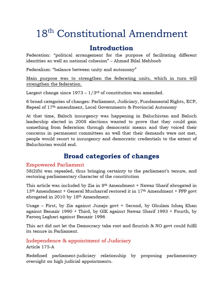 18th Constitutional Amendment | PDF | Parliament Of Pakistan | Benazir Bhutto