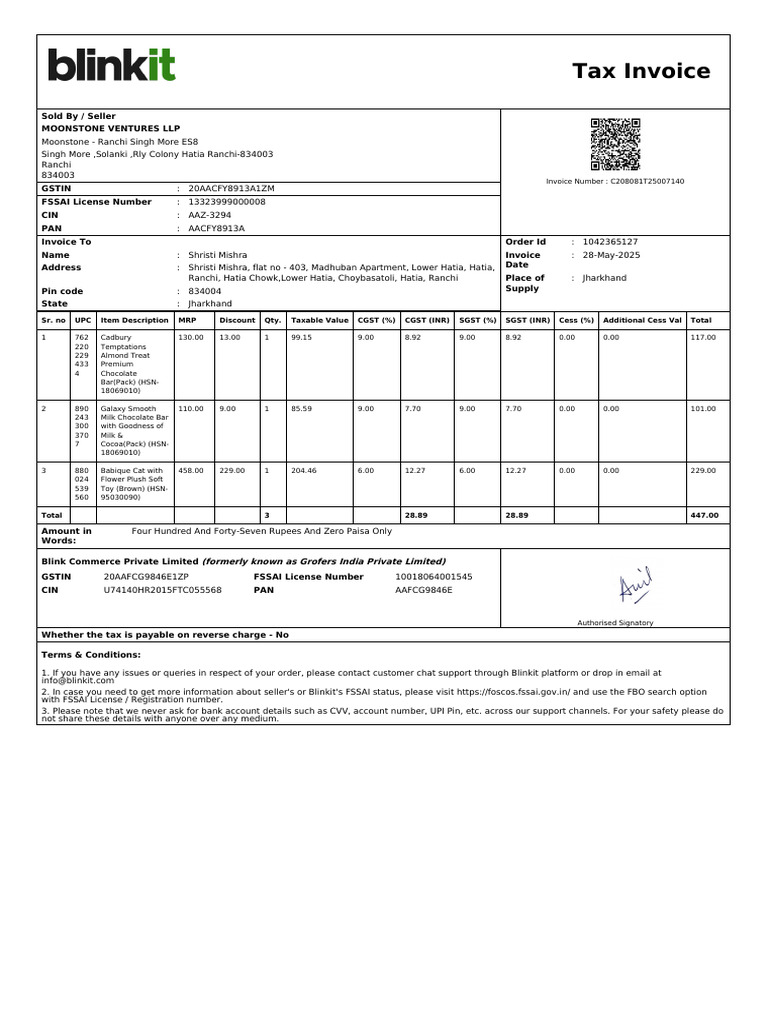 Milk Chocolate Invoice for Shristi Mishra | PDF