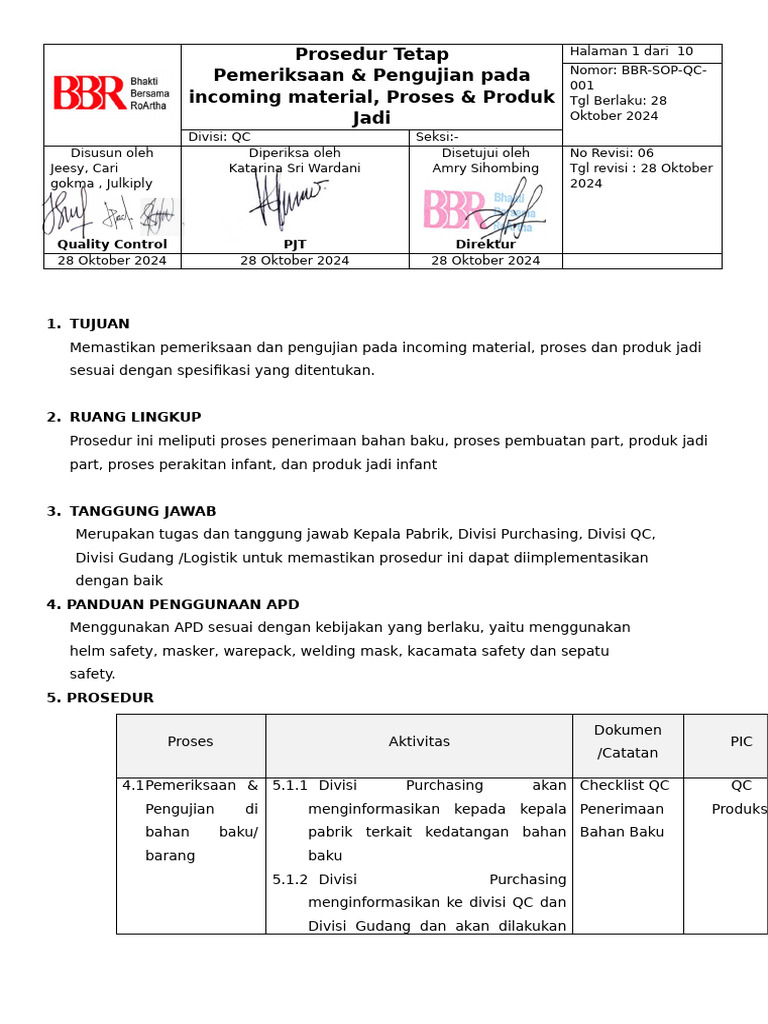BBR - SOP - QC - 001 Pemeriksaan & Pengujian Pada Incoming Material ...