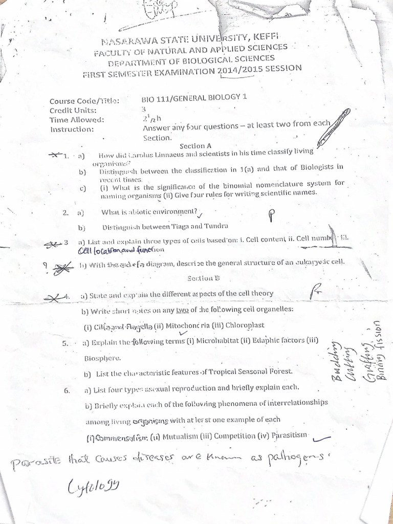 BIO111 Past Question | PDF