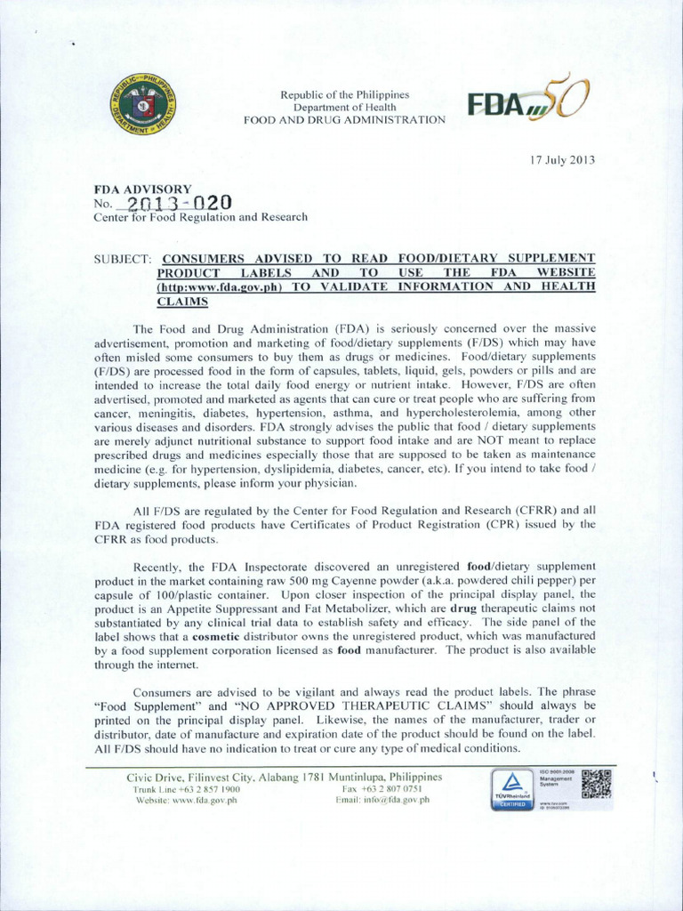 FDA Advisory No. 2013 020 | PDF