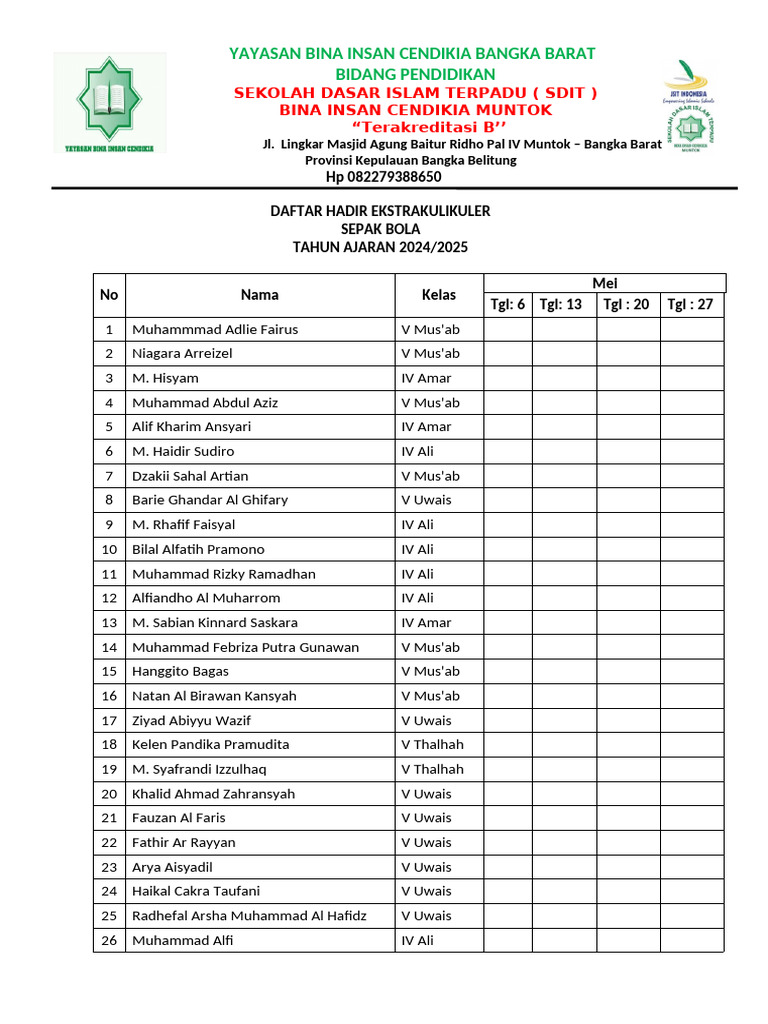 Contoh Absen Ekstrakurikuler | PDF