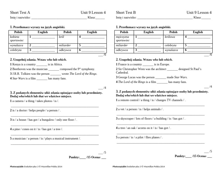 Short Tests Unit 9 Lesson 4 | PDF