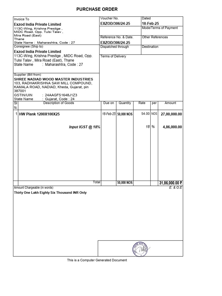 Purchase Order 306 Shree Nadiad Wood Master | PDF