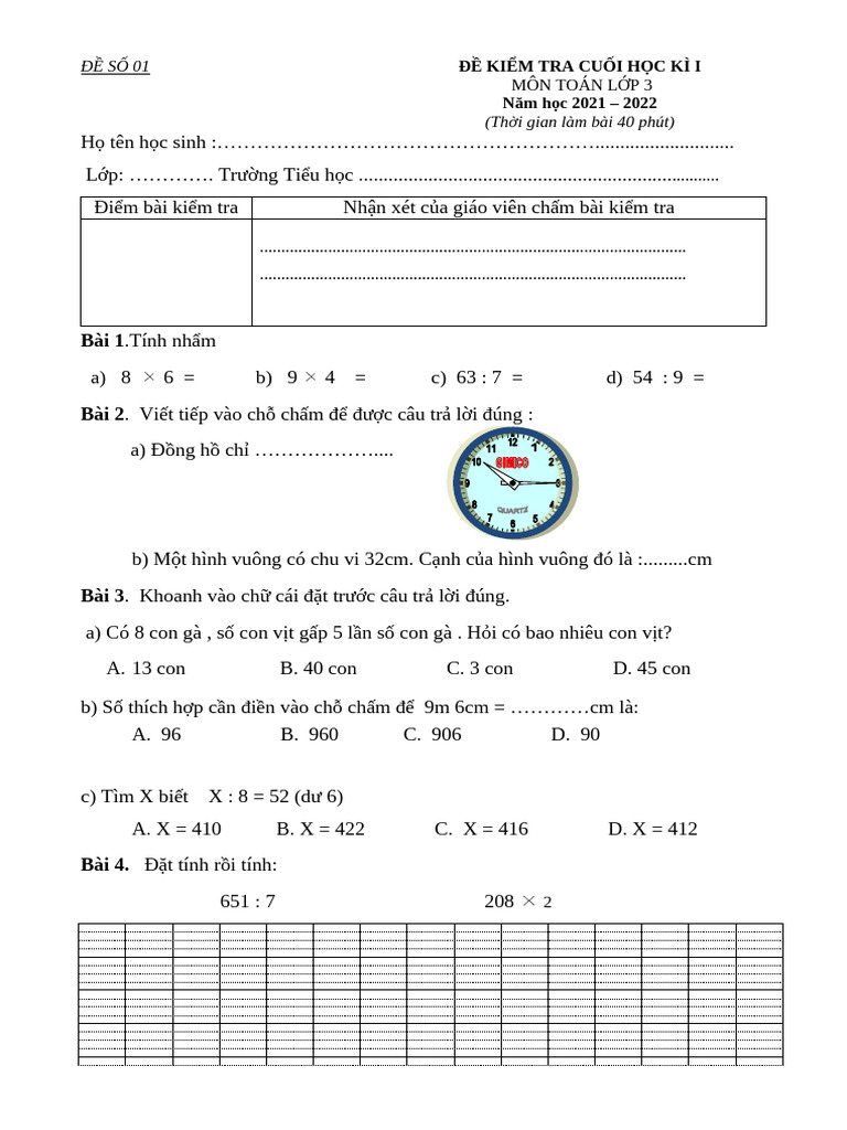 CK1 TOÁN 3 ĐỀ 1 | PDF