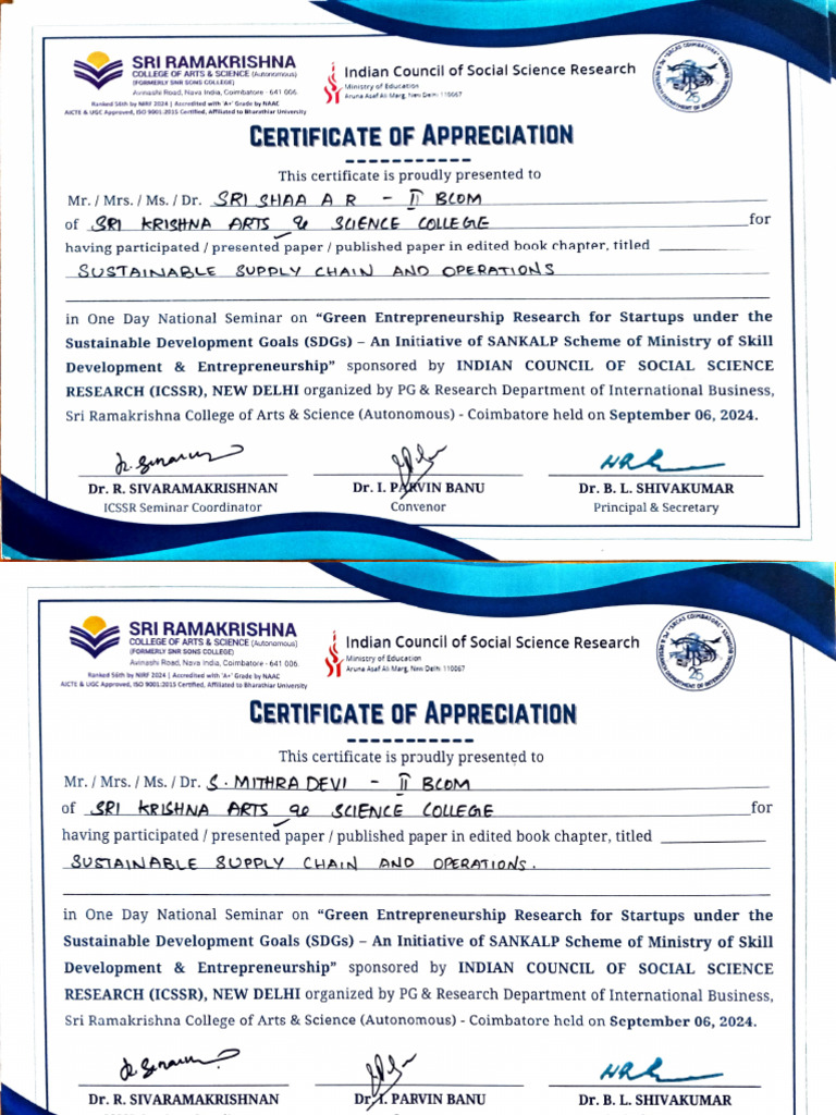 Ramakrishna Paper Presentation Certificate | PDF | Higher Education | Educational Stages