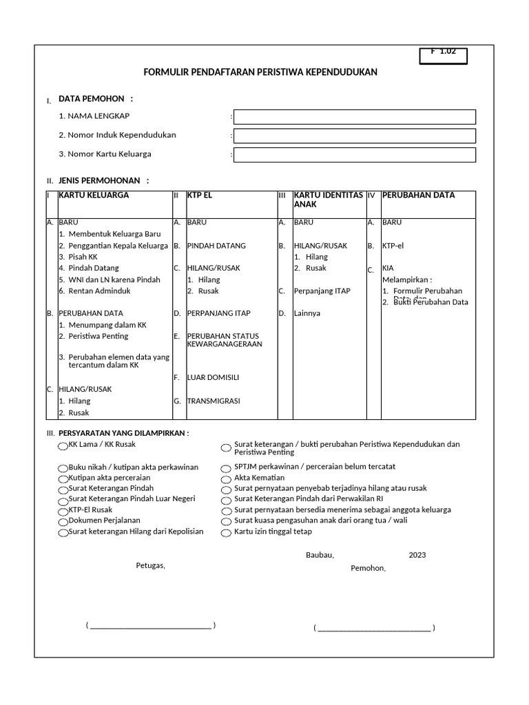 F1.02-Formulir Pendaftaran Peristiwa Kependudukan | PDF