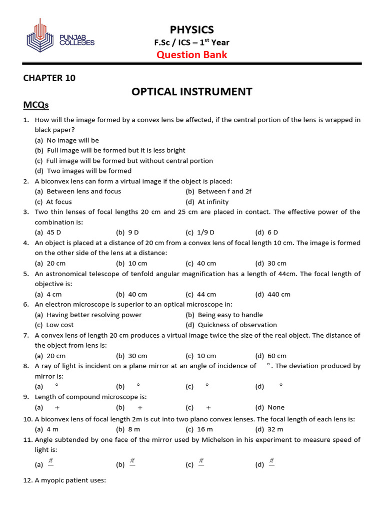 Physics Part-1 Question Bank CH#10 | PDF | Optics | Electromagnetic Radiation