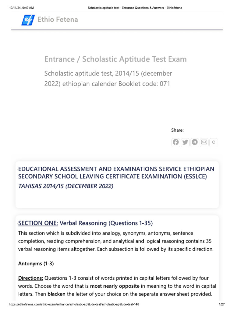 Scholastic Aptitude Test - Entrance Questions & Answers - Ethiofetena | PDF
