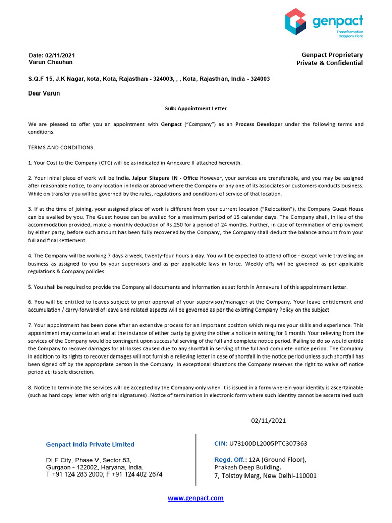 Genpact Appointment Letter | PDF | Justice | Crime & Violence