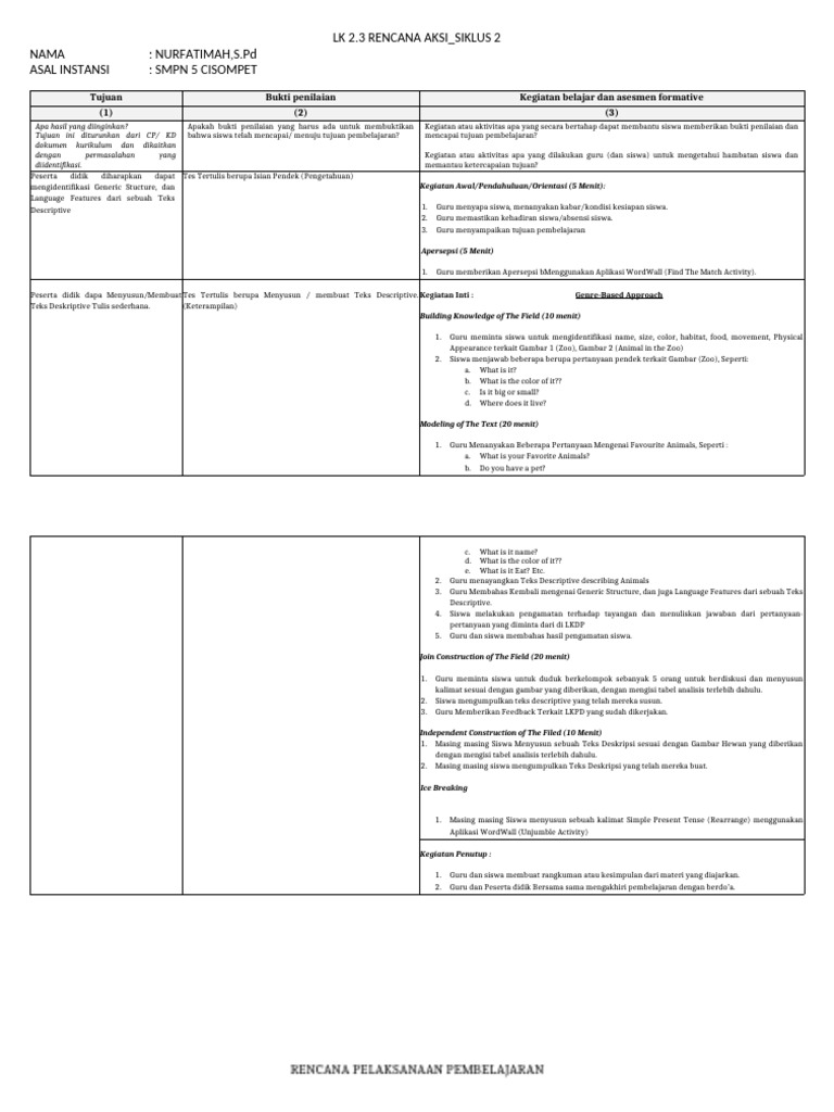 LK 2.3 Rencana Aksi - Siklus 2 | PDF