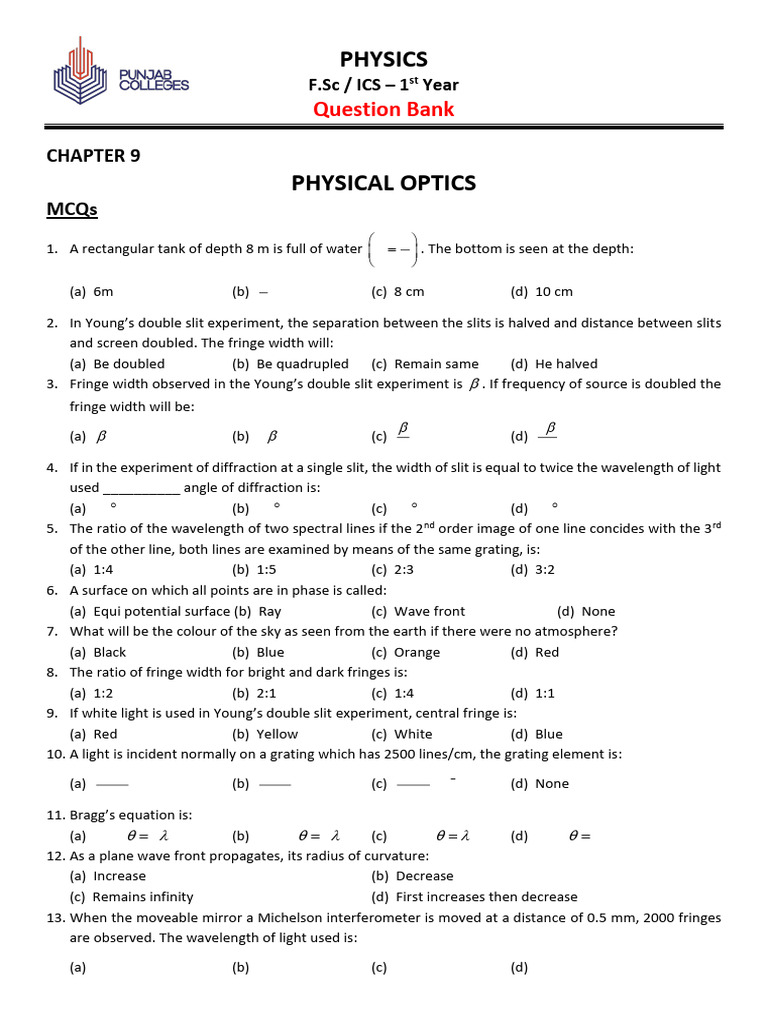 Physics MCQs on Physical Optics | PDF | Diffraction | Light