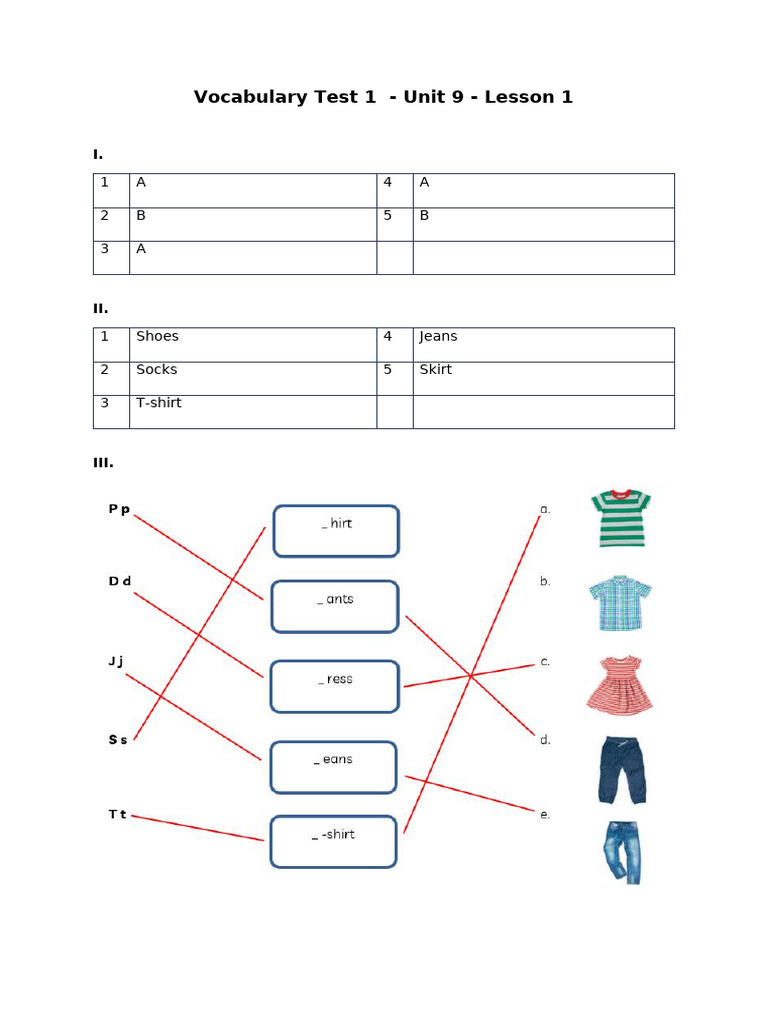 Key - Vocab Test 1 - Unit 9 - Lesson 1 | PDF