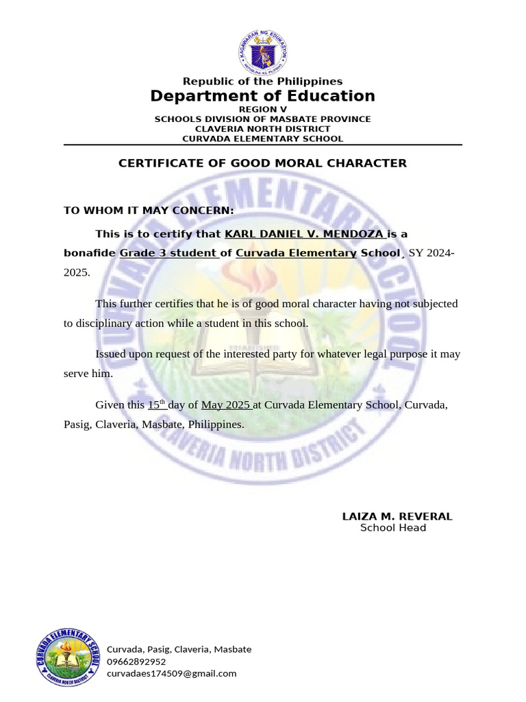 Certificate of Good Moral Character | PDF