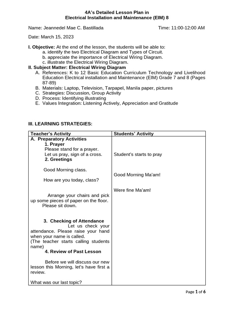 Lesson Plan Grade 7&8 Electrical Wiring Diagram | PDF | Electricity ...