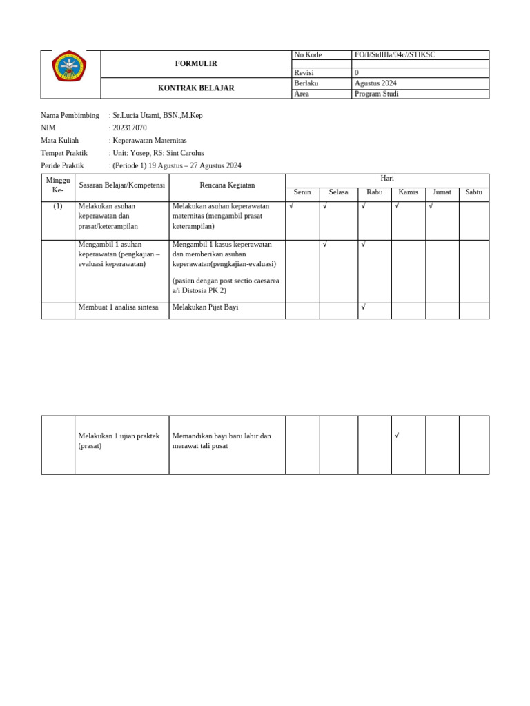Kontrak Belajar Periode 1 (Unit Yosep) (Lewita Sari) | PDF