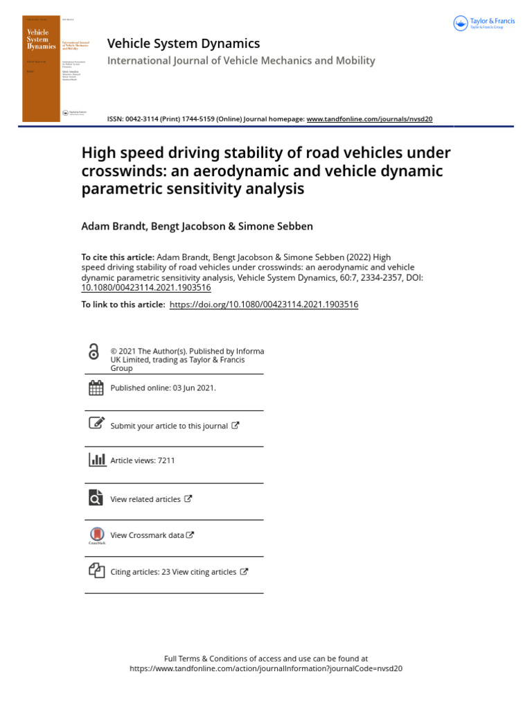High Speed Driving Stability of Road Vehicles Under Crosswinds an Aerodynamic and Vehicle ...