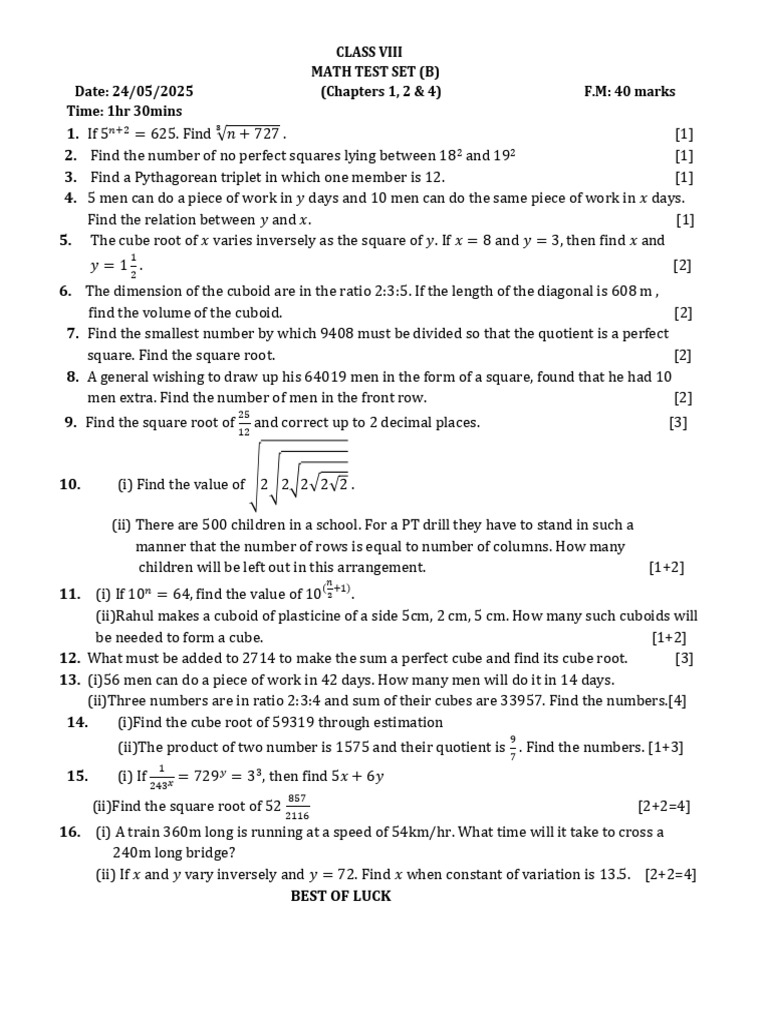 Class 8 Maths Test Set B 24 May 25 | PDF | Numbers | Mathematics