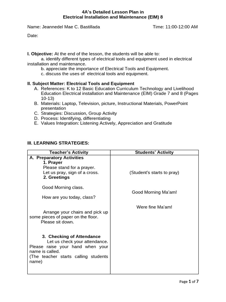 Lesson Plan Grade 7&8 Electrical Tools and Equipment | PDF | Electrical ...
