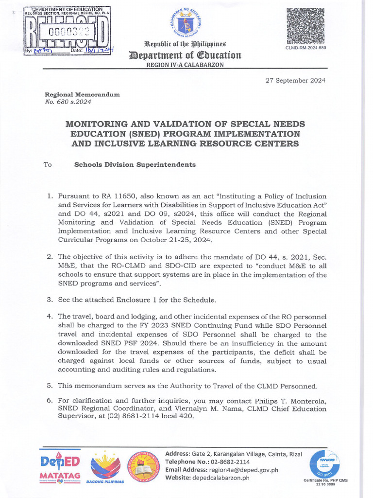 1957 45450 RM No. 680 S. 2024 Monitoring and Validation of Special Needs Education SNED Program ...