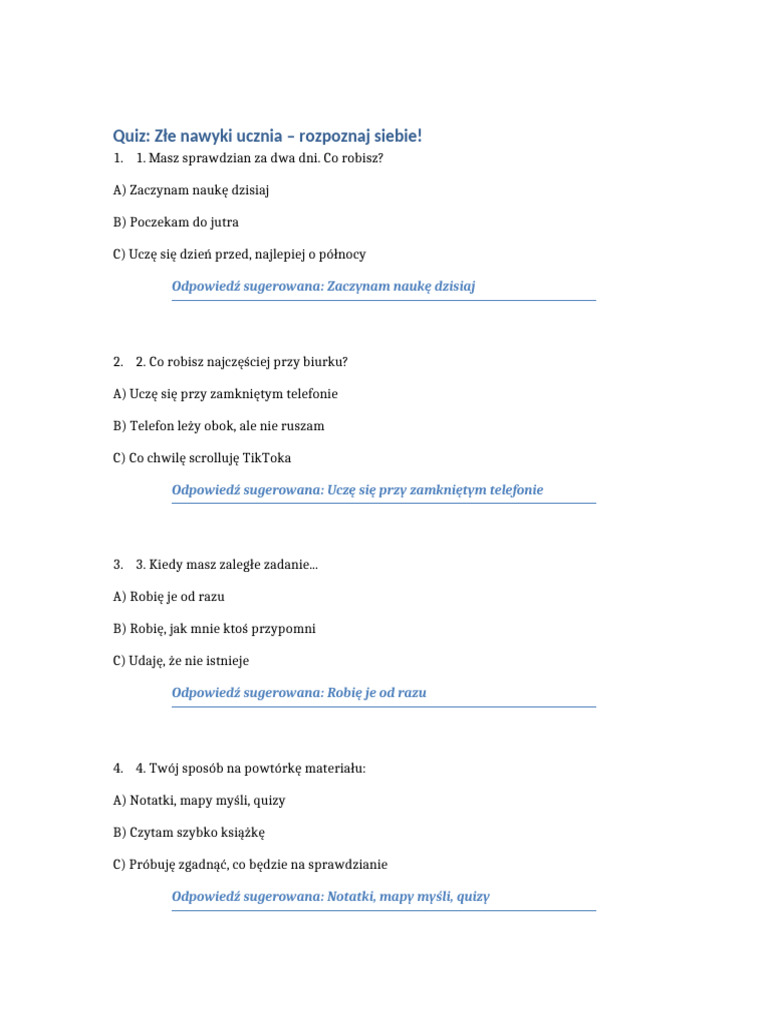 Quiz Zle Nawyki Ucznia | PDF