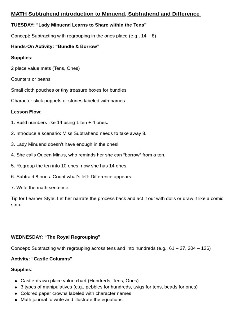 MATH Subtrahend Introduction To Minuend, Subtrahend and Difference ...