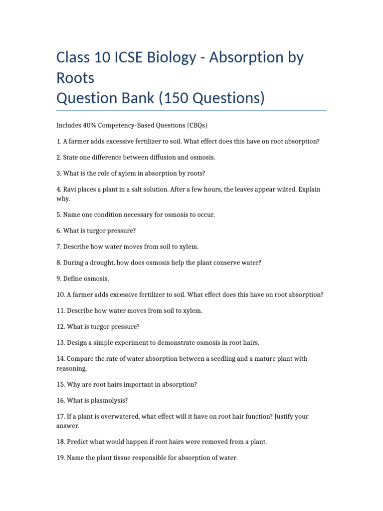 Important Questions on Root Absorption | PDF | Root | Osmosis