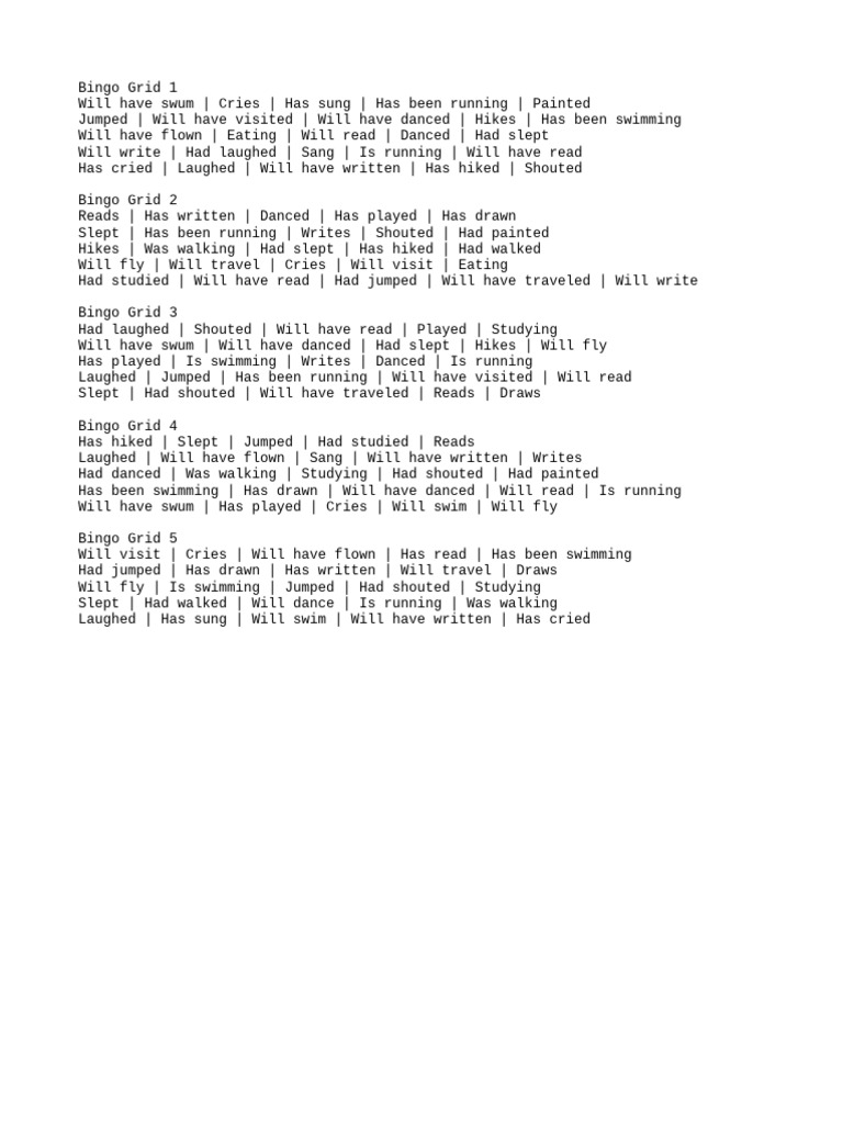 Tense Bingo Grids Grade7 | PDF