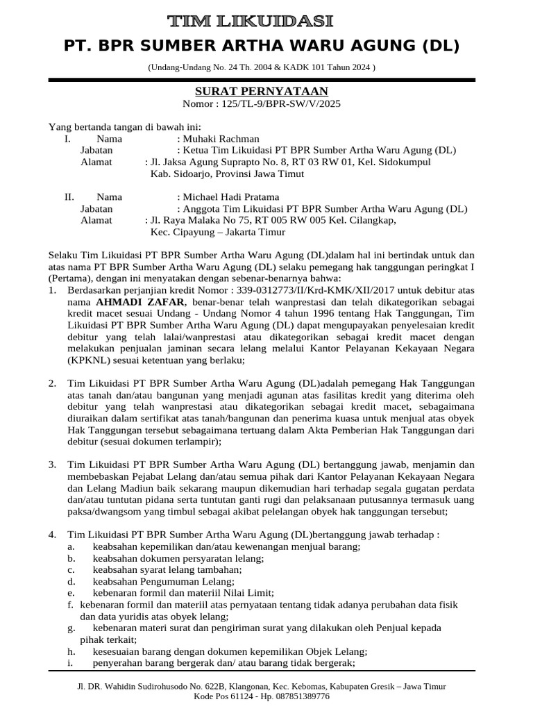 Surat Pernyataan Debitur Wanprestasi Zafar | PDF