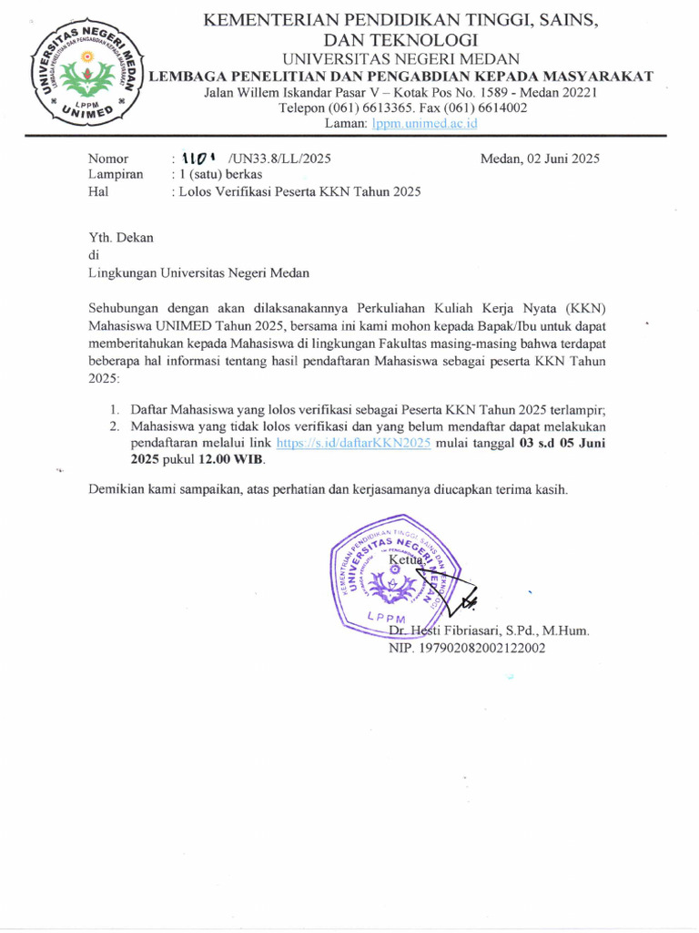 LPPM UNIMED - Lolos Verifikasi Peserta KKN Tahun 2025 | PDF