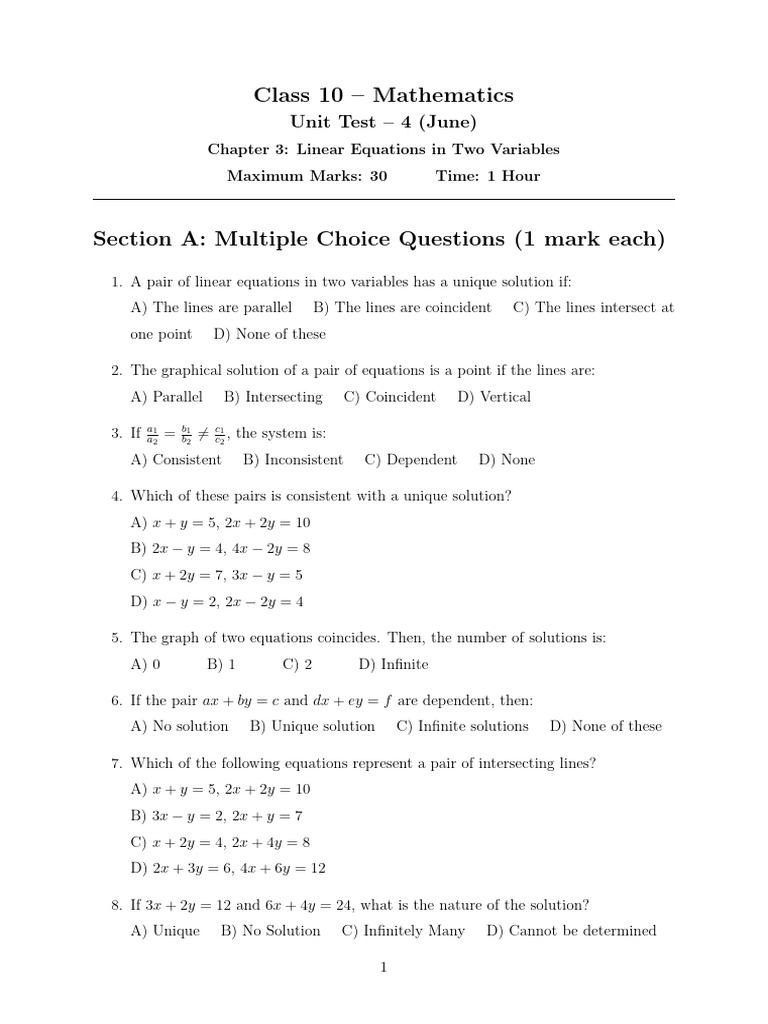 Class 10 Math Unit Test - 4 (CH - 3) | PDF | Equations | Mathematical ...