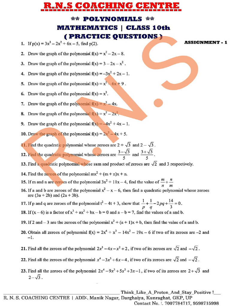 01 - Polynomials - Assignment - 1 - Class - 10th - Rns Classes | PDF